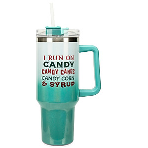 100 North | 40 oz Stainless Steel Double Wall Insulated Ombre Glitter Travel Tumbler With Handle, Straw, and Lid, I Run on Candy White/Teal