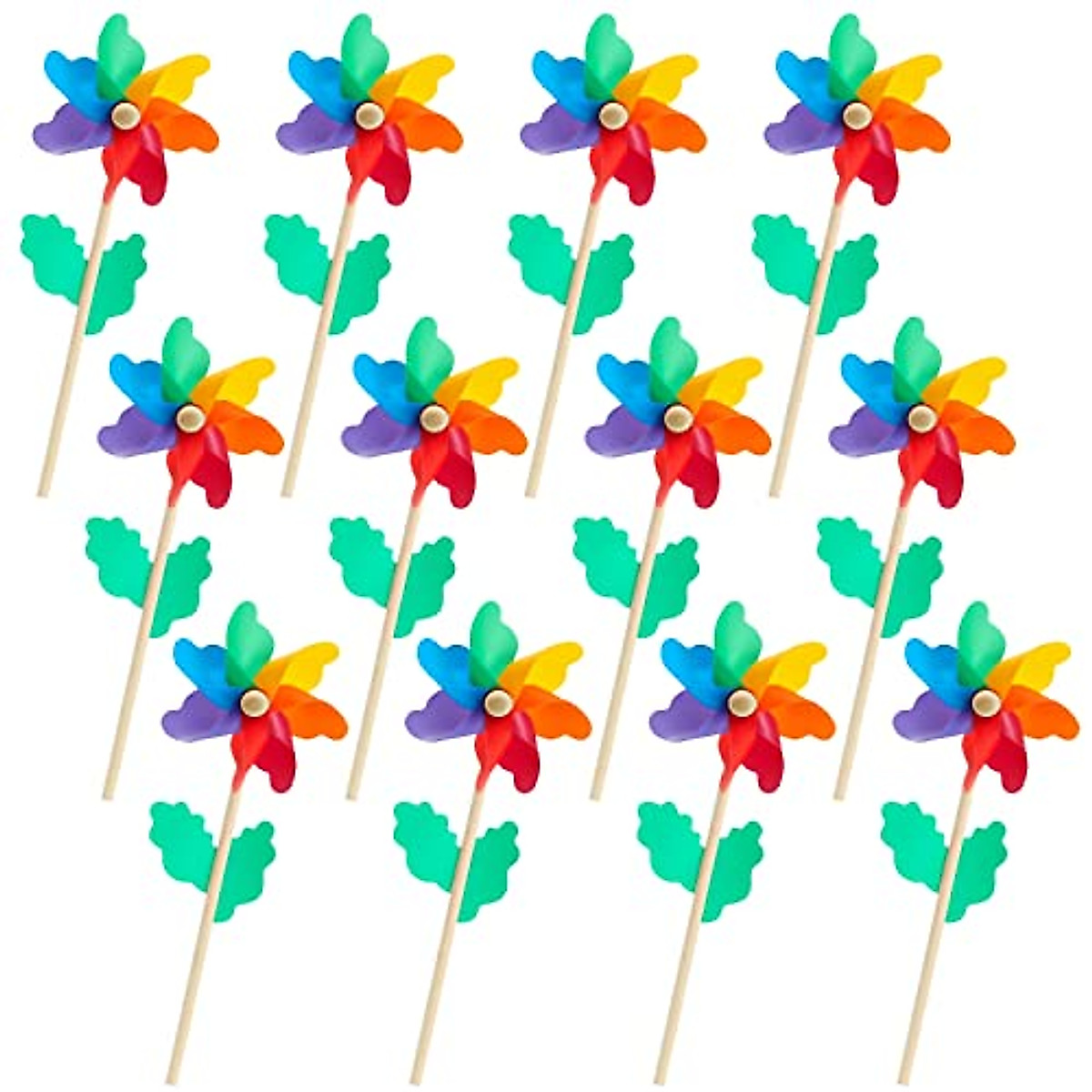 12 Pack Rainbow Flower Pinwheels for Yard and Garden, Outdoor Decorations, Party Favors for Kids (11.2 In)