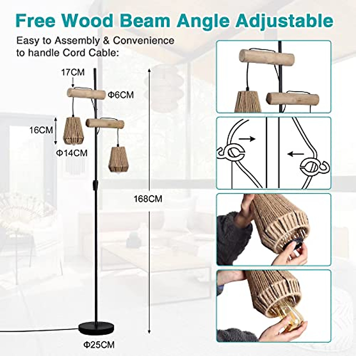 Boho Floor Lamp 2-Lights Floor Lamp with Rattan Lampshades,Farmhouse Floor Lamps indenpendant Control Switch,Rustic Tall Standing lamp 68 Inch,Unique Floor Lamps for Living Room Bedroom Office