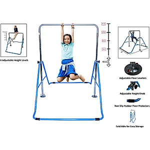 Kids Home Gymnastics Bar Jungle Gym 3 in 1 Set Deluxe Swing Seat, Trapeze Rings, Horizontal Kip Bar Height Adjustable Monkey Bar, Expandable Junior Training Gymnastic Balance Bar, Swing Set (Blue)