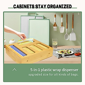 BIBOKLTIY Ziplock Bag Organizer 9 IN 1 Bamboo Plastic Wrap Dispenser with Cutter Foil and Baggie Organizer for Drawer, Zip Lock Bag Organizer and Storage for Gallon, Quart, Sandwich and Snack Bag