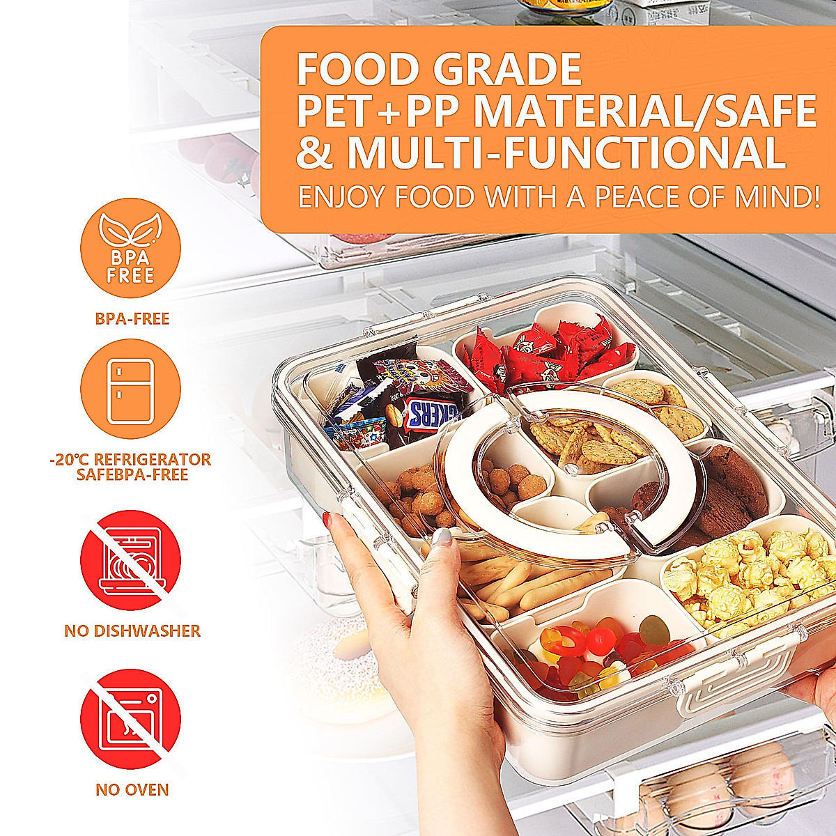 Farest Divided Veggie Tray with Lid and Handle,Portable 8 Compartment Serving Tray with Dividers,Snack Containers,Snack Box for Food,Veggie, Condiments,Candy,Nuts,Picnic,Parties,2 Pack