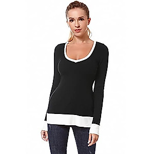 AmélieBoutik Women Color Trim V Neck Long Sleeve Pullover Knit Sweater Top (Black and Ivory White X-Small)