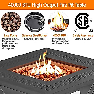 Yaheetech 28 in Outdoor Gas Fire Pit Table with Glass Wind Guard, Lava Rocks and Lid, 50,000 BTU Square Propane Fire Pit for Patio Party Garden Backyard Deck, Heavy Duty Gas Firepit, Black