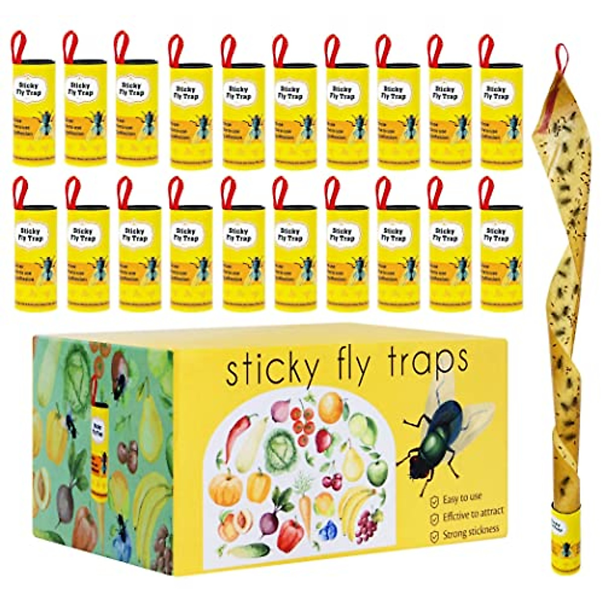 Dwcom 20PCS Sticky Fly Strips, Fly Paper Roll Hanging, Fly Tape Trap ...