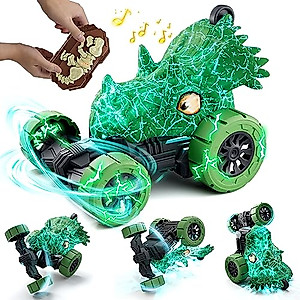 LOVE LIFE Remote Control Car, RC Stunt Car Invincible 360°Rolling Twister with Colorful Lights & Music Switch, Dinosaur Remote Control Car for 3 4 5 6 7 8 Year Old Kids Boys (Triceratops)