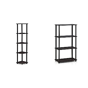 Furinno Turn-N-Tube 5 Tier Corner Display Rack Multipurpose Shelving Unit, 1-Pack, Dark Walnut & Turn-N-Tube 4-Tier Multipurpose Shelf Display Rack, Round Tubes, Dark Walnut