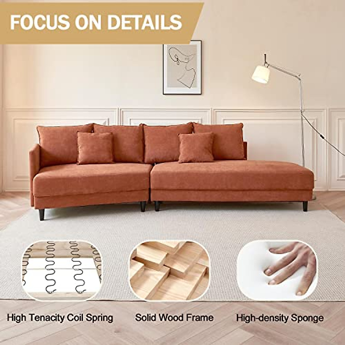 Seegool Corner Sectional Couch for Living Room, Right Hand Facing Curved Sofa Polyester Fabric Wood Frame with Wood Legs for Bedroom, Office, Apartment, Orange