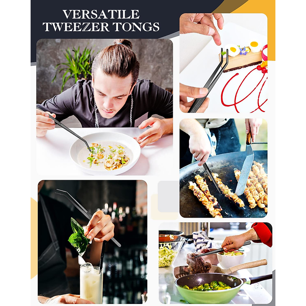 12-inch Cooking Tweezer and Curved Tong Set, Tongs Precision Serrated Tips, Stainless Steel Professional Chef Tweezer Kitchen Tools for BBQ, Plating and Serving