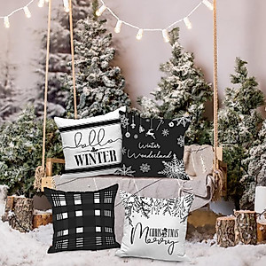 Lanpn Hello Winter Merry Christmas Throw Pillow Covers 18x18 Set of 4, Decorative Black and White 18 inch Xmas Holiday Cushion Pillow Cases Home Outside Porch Decor Decorations