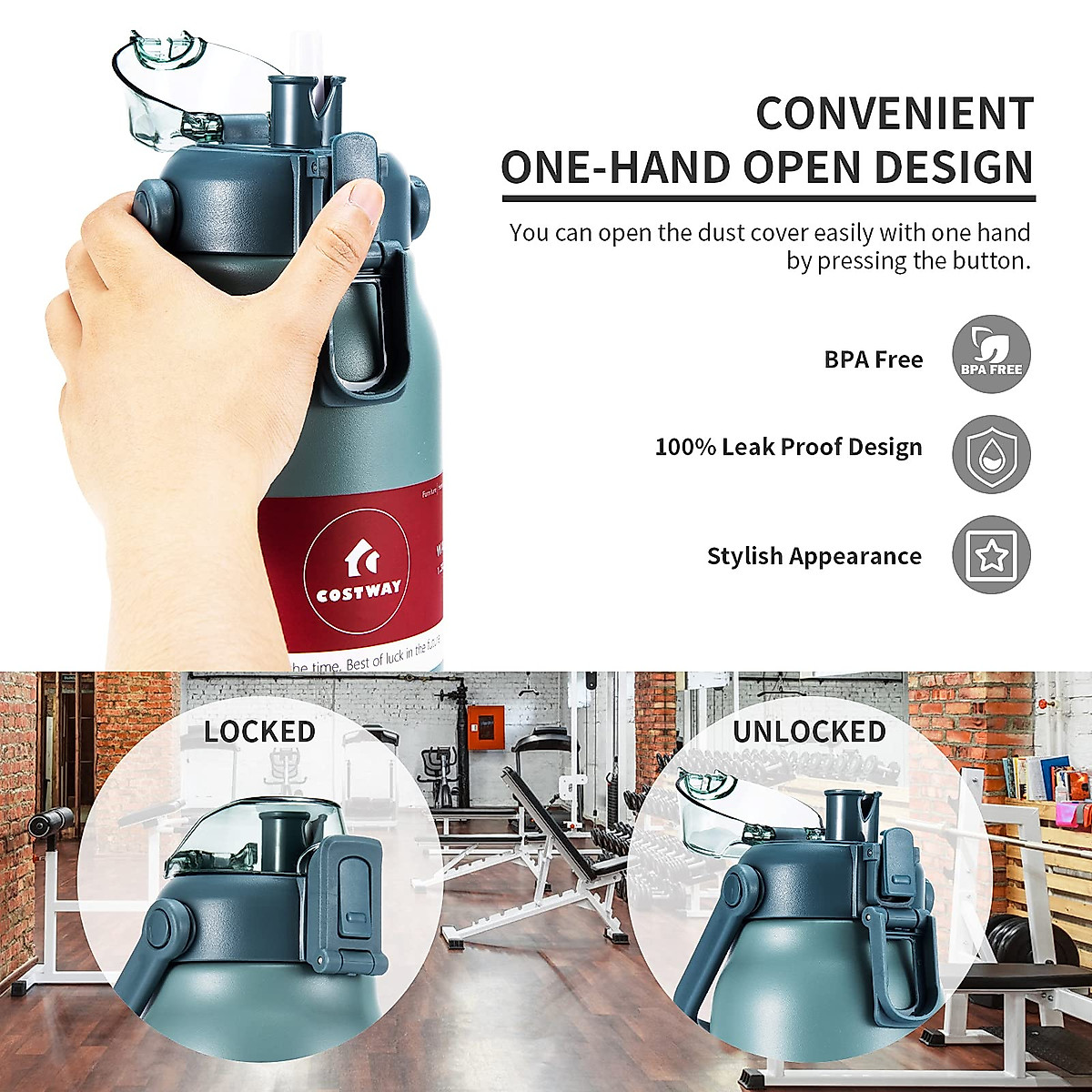 COSTWAY 44oz Vacuum Insulated Water Bottle, Leakproof Flask with Straw, Flip Top Lid, Wide Mouth & Handle Gift, BPA Free Stainless Steel Water Jug for Gym and Outdoor Sports, Grey