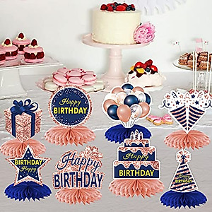 Rose Gold Navy Blue Happy Birthday Decorations Table Honeycomb Centerpieces, 8Pcs Happy Birthday Table Party Supplies for Women Girls, 16th 21st 30th 40th 50th 60th Bday Table Topper Sign Decor