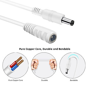 DC 12V Power Extension Cord, Hosafe 33ft White Security Camera Power Adapter Extension Cable, 5.5 * 2.1mm Power Cord Connector for Home Security Camera, Nvr, Router, Switch, Projector