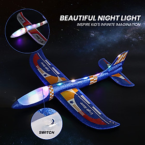 EagleStone Airplane Toy 2 Pack LED Foam Airplane for Kids Large Throwing Foam Plane 2 Flight Mode Glider Plane Flying Toys with 2 Sticker Styrofoam Airplanes for Boys&Girls Age 3 or Above Best Gift