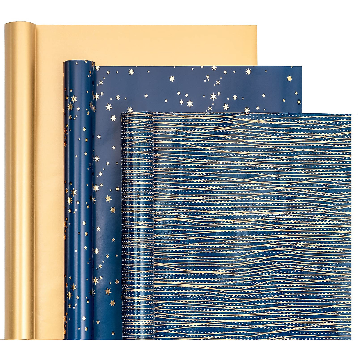 WRAPAHOLIC Wrapping Paper Roll - Mini Roll - 3 Rolls - 17 Inch X 120 Inch Per Roll - Navy and Gold Star/Stripe/Gold Pearlized Print for Birthday, Father's Day, Holiday, Party