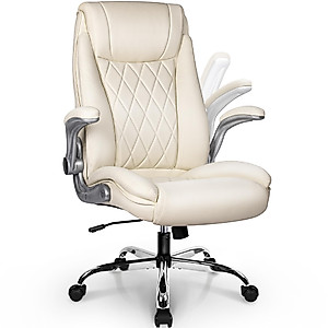 NEO CHAIR Office Chair Computer High Back Adjustable Flip-up Armrests Ergonomic Desk Chair Executive Diamond-Stitched PU Leather Swivel Task Chair with Armrests Lumbar Support (Ivory)