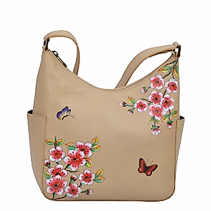 Anuschka Women's Hand Painted Genuine Vegetable Tanned Leather Hobo - Flower Garden Almond
