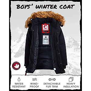 CANADA WEATHER GEAR Boys Winter Coat - Heavyweight Ski Jacket, Fur Trim Hood - Outerwear Parka (8-20), Size 10-12, Black