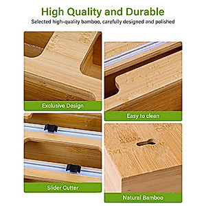 KOCWELL Bag Storage Organizer and Plastic Wrap Dispenser with Cutters, 2 Foil and Plastic Wrap Organizer, 4 Ziplock Bag Holder for Gallon, Quart, Sandwich Snack Variety Size Bags, Bamboo