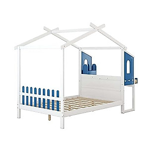 Heliosphere Full Size Platform Bed Frame with Built-in Desk and 2 Drawers, Storage Bed Frame with Separate Storage Pen Case, House Shaped Platform Bed, Solid Wood Bed Frame for Kids Teens Bedroom