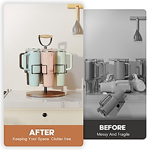 SEFILENCE Stanley 40 oz Cup Organizer with Handle, Rotating Tumbler Holder,Water Bottle Storage Rack for Kitchen Organization, Easy to Carry, Easy Access to Cups, Non-Slip Pad Included (Black)