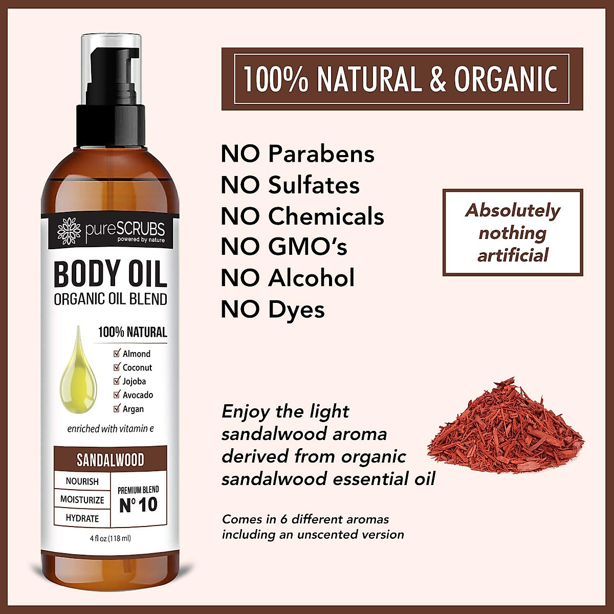 pureSCRUBS Ultra Moisturizing Sandalwood Body Oil Spray For Dry Skin, Massage, Cuticles & More, Organic Blend of Jojoba, Argan, Coconut, Sweet Almond & Avocado Oils Enriched with Vitamin E, Lg 4oz