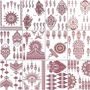 Xmasir 12 Sheets Brown Henna Tattoo Kit, Waterproof Henna Tattoo Stickers for Women Wedding Party Henna Stickers (Brown)