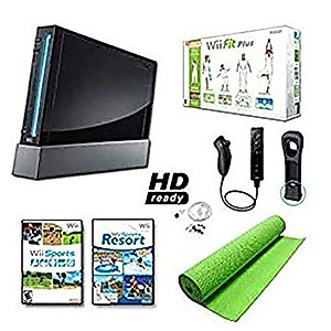 Nintendo Wii Black System HD Ready + Wii Fit Plus, Balance Board Mat Bundle