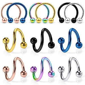 Ocptiy 16G Lip Ring Hoop Piercing Jewelry for Women 16 Gauge Stainless Surgical Steel Spiral Twist Eyebrow Septum Nose Ring Cartilage Tragus Helix Rook Daith Earring Hoop Piercing Jewelry Set Men 8mm