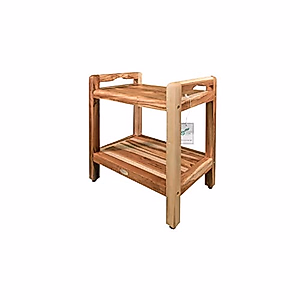 DecoTeak Earthy Teak Shower Stool Eleganto Natural Wood Seat Shower Bench with Storage Shelf and LiftAide Arms for Indoors and Outdoors - 14 inches Wide
