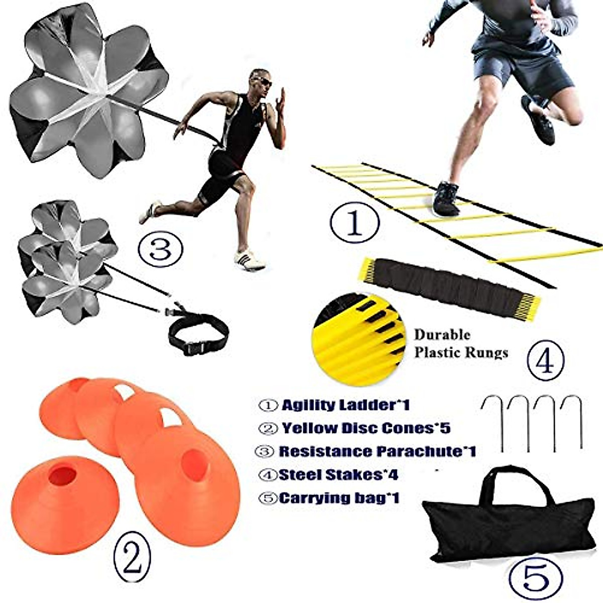 Speed Training Football Cones Workout Ladder Training Kit-12 Rung 20Ft Agility Ladder, 5 Round Training Cones,Resistance Parachute, 4 Steel Stakes, Parachute Speed Training For Faster Footwork