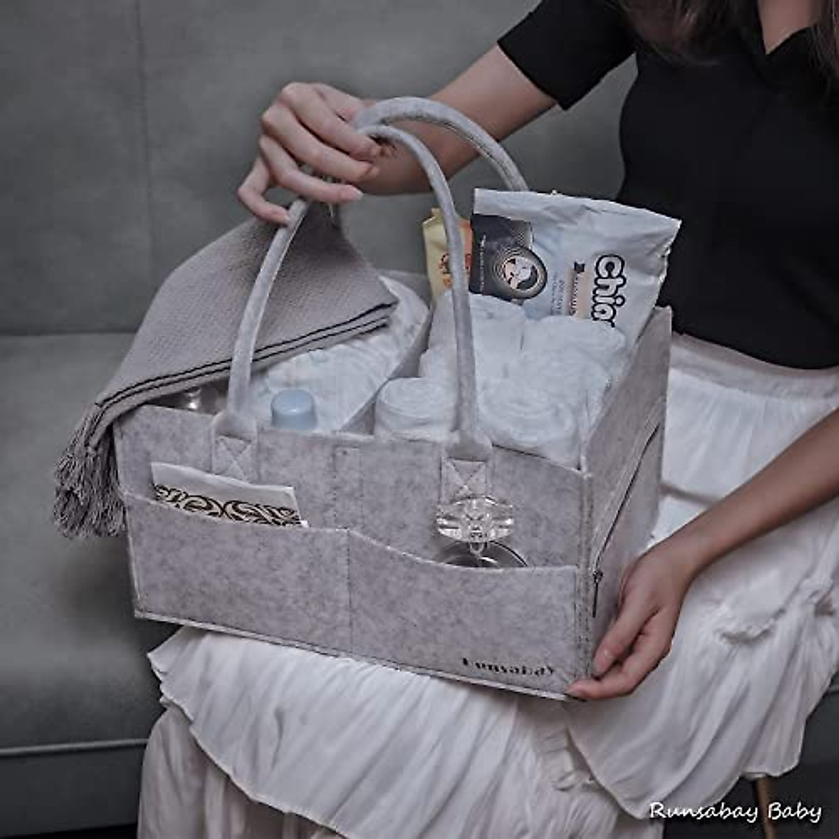 Runsabay Baby Diaper Caddy Organizer | Portable Nursery Essentials Storage Basket Bin for Changing Table and Car | Shower Basket for Newborn Boy and Girl | Gray