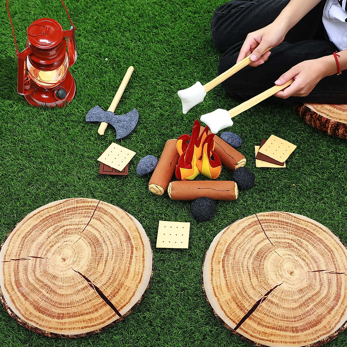 26 Pcs Pretend Camping Play Set Fake Campfire Felt Toys Wood Patten Throw Pillow Cushion Red LED Hurricane Lantern for Adults Kids Learning Preschool Boys Girls Gifts