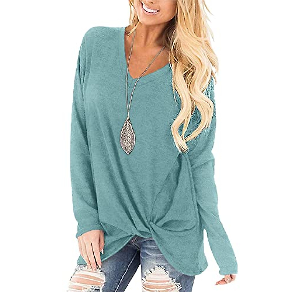 SimpleFun Long Sleeve Tee Shirts for Women Loose Fit V-neck Fall Knotted Sexy Tops with Sleeves Light Green M