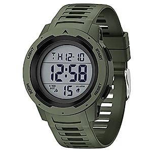 GOLDEN HOUR Mens Waterproof Digital Sport Watches Wide Screen Easy Read Display Military Style with Green Rubber Strap