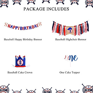 PRATYUS Baseball Party Decorations, First Birthday Party Supplies with Baseball Birthday Banner, Highchair Banner, Crown Hat, Cake Topper for Baby Kids Ball Party Event Favors
