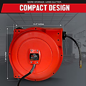 REELWORKS Air Hose Reel Retractable 1/4" Inch x 33’ Feet Premium Water Flex Hybrid Polymer Hose Max 180 PSI Heavy Duty Polypropylene Case Construction Industrial Spring Driven