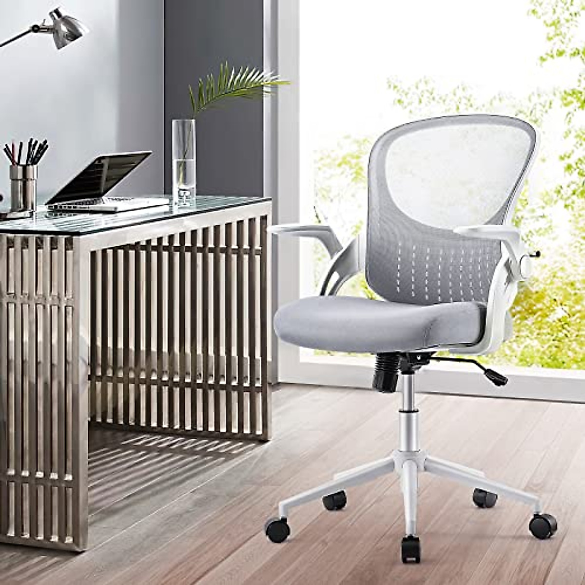 Office Chair - Ergonomic Flip-up Arm Home Office Computer Swivel Desk Chair with Wide Seat, Thickened Seat Cushion, Widened Backrest, Storage Back Basket, Lumbar Support