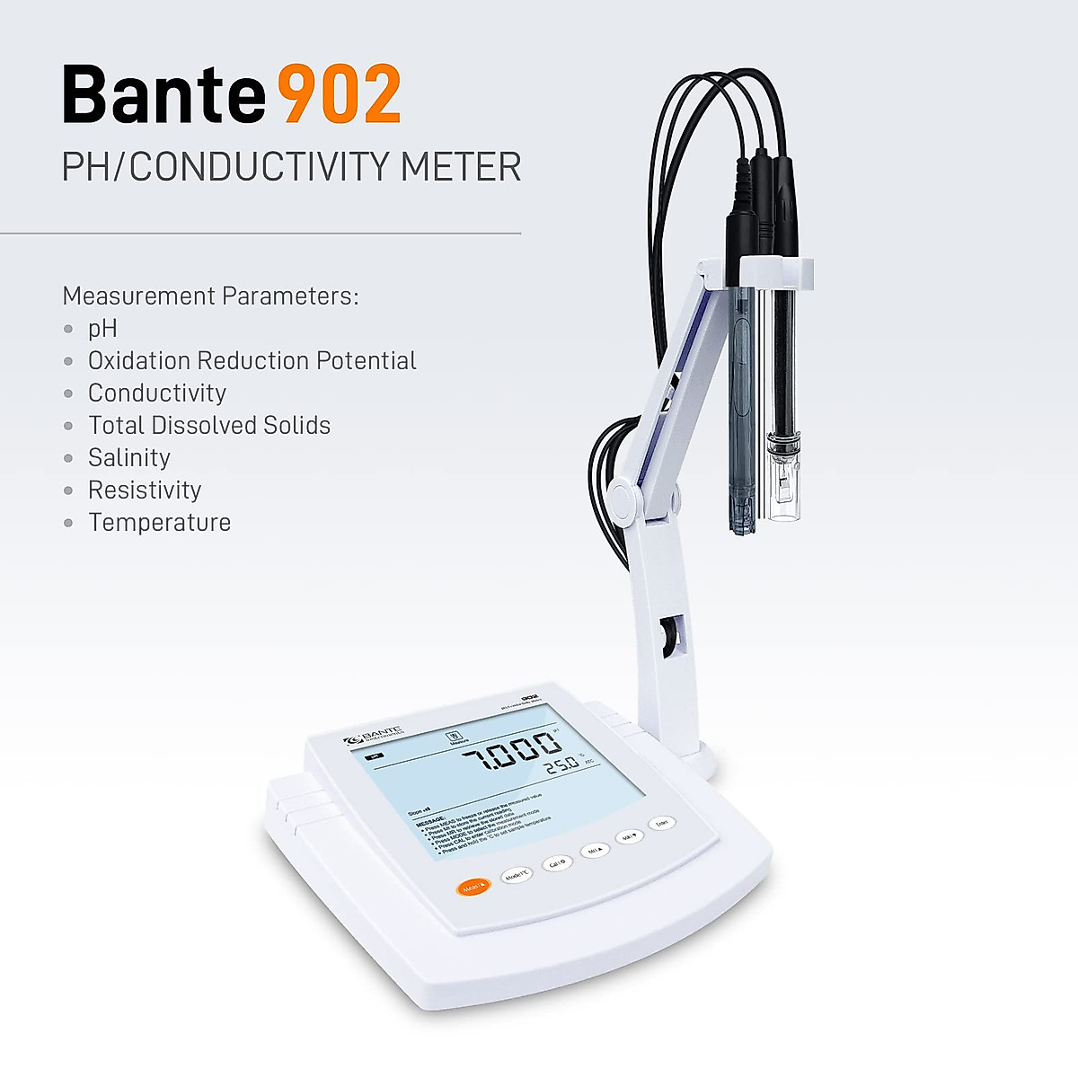 Bante 902 Benchtop pH Conductivity Meter | Containing pH, Conductivity, TDS, Salinity, Resistivity Measurement Modes | Accuracy ±0.002 pH, ±0.5% F.S. | 500 Sets of Data Storage | USB Interface