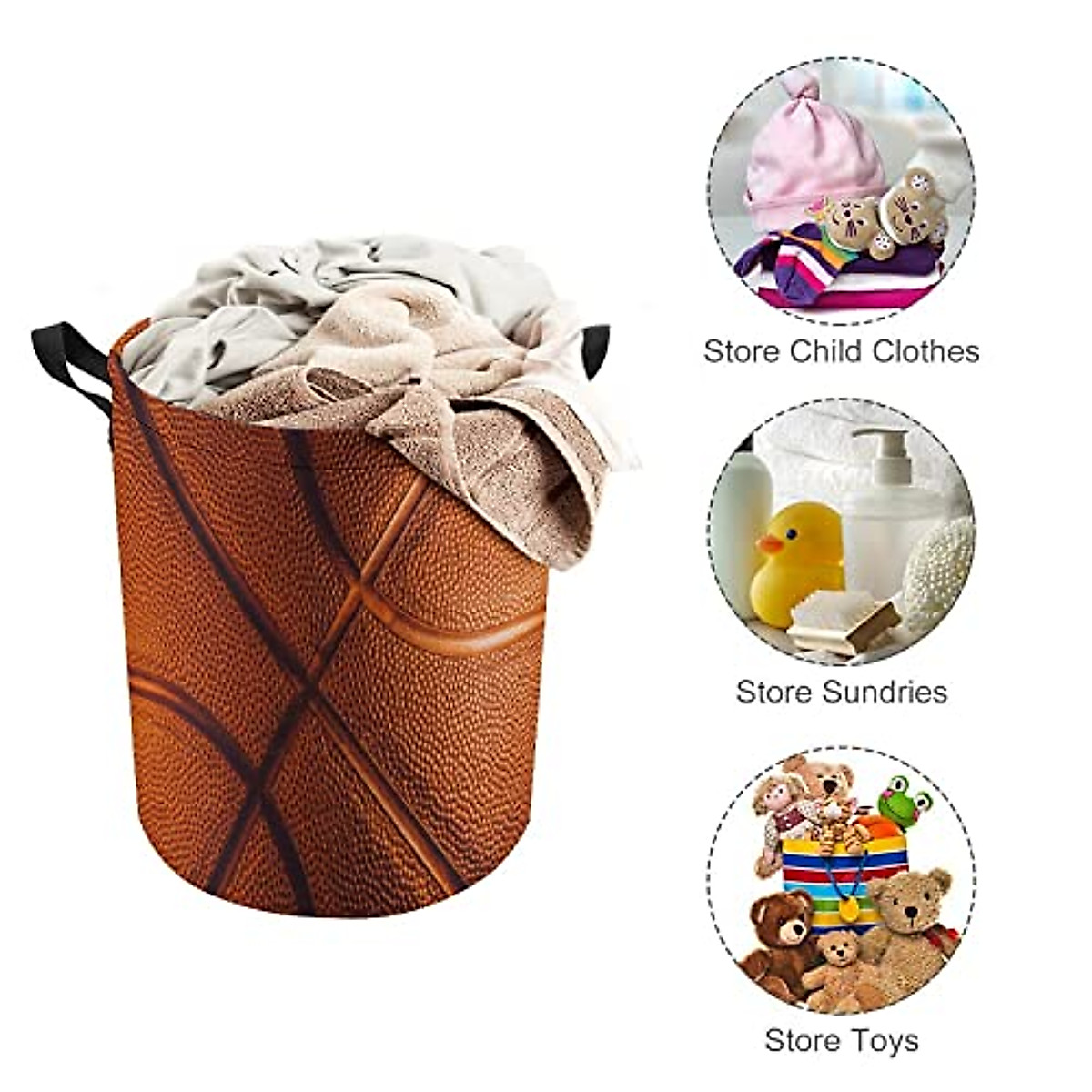 Basketball Laundry Basket Collapsible Kids Laundry Hamper with Drawstring Ball Sport Toys Storage Basket with Handle Boys Bedroom Decor 14x17.3 Inches