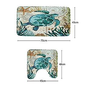 Amagical Sea World Sea Turtle Pattern 3 Piece Bathroom Mat Set Shower Curtain Set Bathroom Mat Carpet Contour Mat Fabric Shower Curtain with 12 Hooks