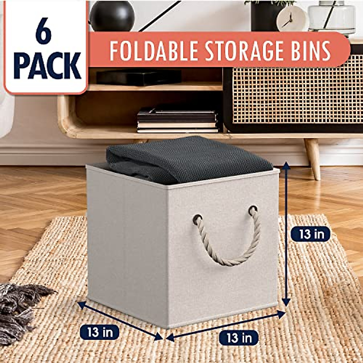Ornavo Home Foldable Collapsible Storage Box Bins Linen Fabric Shelf Basket Cube Organizer with Rope Handles - Set of 6 - 13 x 13 x 13 - Beige