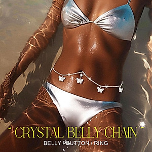 Asooll Silver Crystal Belly Button Ring with Chain Rhinestone Butterfly Waist Chain Bikini Belly Jewelry Fashion Beach Rave Party Body Accessories Jewelry for Women