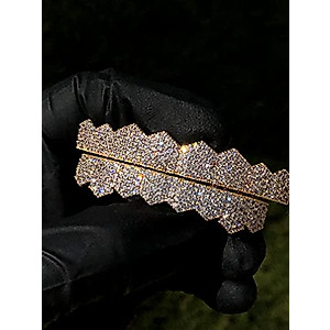 Shop-iGold 14k Gold Plated Iced Out Bling Gold Grillz for Mouth Top Bottom Hip Hop , 8 Teeth Grills for Teeth Mouth Set