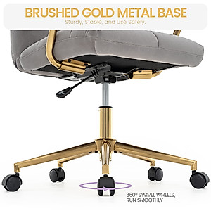 MFD LIVING Velvet Home Office Desk Chair, Upholstered Adjustable Swivel Task Chair with Wheels, Tufted Mid-Back Computer Chair with Arms, for Study Living Room Vanity (Grey, Gold Base)