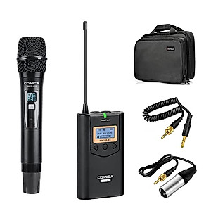 Comica CVM-WM100H Wireless Handheld Microphone with UHF 48 Channels, 328 ft Wireless Range,Real time Monitor, LCD Display, Wireless Microphone for Camera, Camcorder, iPhone, Samsung and More