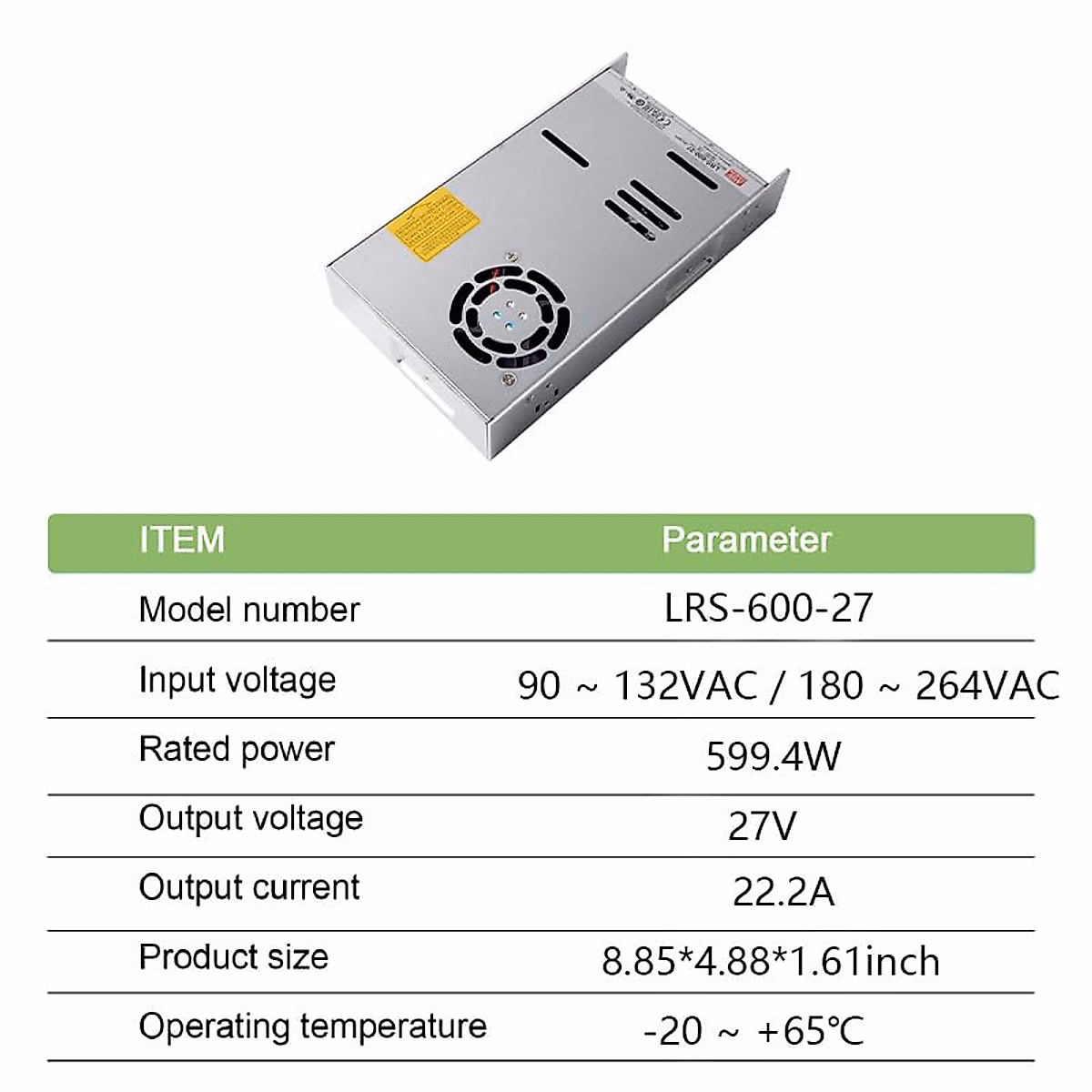 FerroFab LRS-600-27, 600W, 22.2A, 27V High-Efficiency 27V Industrial GradePower Supply, 92% Efficiency, Wide Temp -20~+65℃, 5G Vibration Resistant, Active PFC