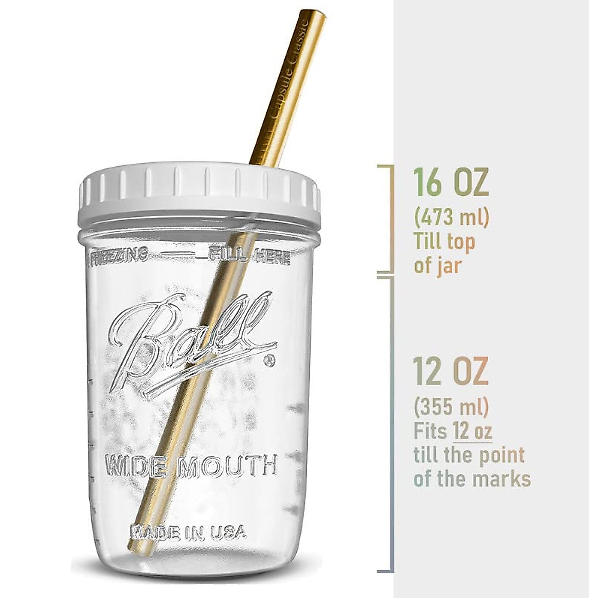 Reusable Wide Mouth Smoothie Cups Boba Tea Cups Bubble Tea Cups with Lids and Gold Straws Mason Jars Glass Cups (2-pack, 16 oz mason jars) Brand Capsule Classic