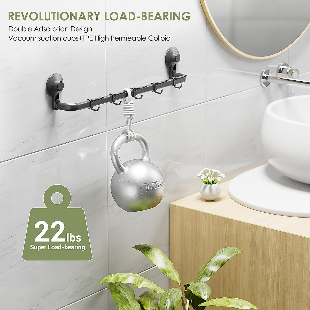 LUXEAR Towel Bar, 24 Inch Adhesive Bathroom Towel Bar with Upgrade Suction Cup, Tool Free Adhesive Shower Towel Rack with 5 Sliding Hooks, Wall Mounted Plastic Towel Bar for Shower Kitchen Door