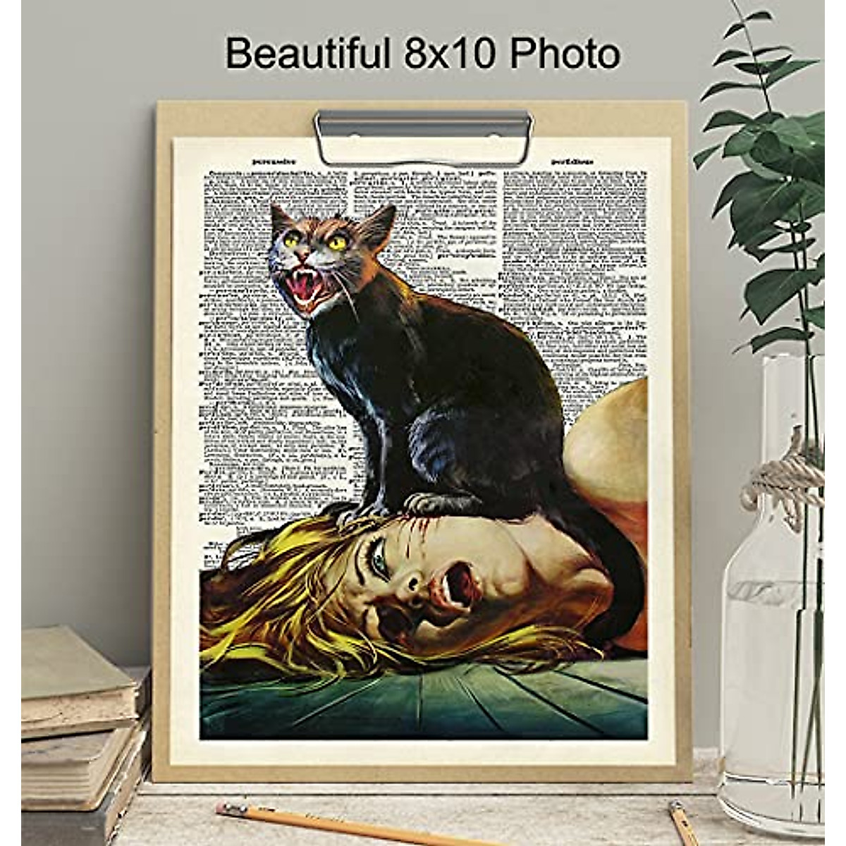 Cat Horror Movie Wall Art & Decor - Black Cat Decorations - Cat Themed Picture Prints - Creepy Gothic Goth Scary Movie Poster - Cat Lover Gifts for Women, Men - Funny Cat Lady Home Decor 8x10